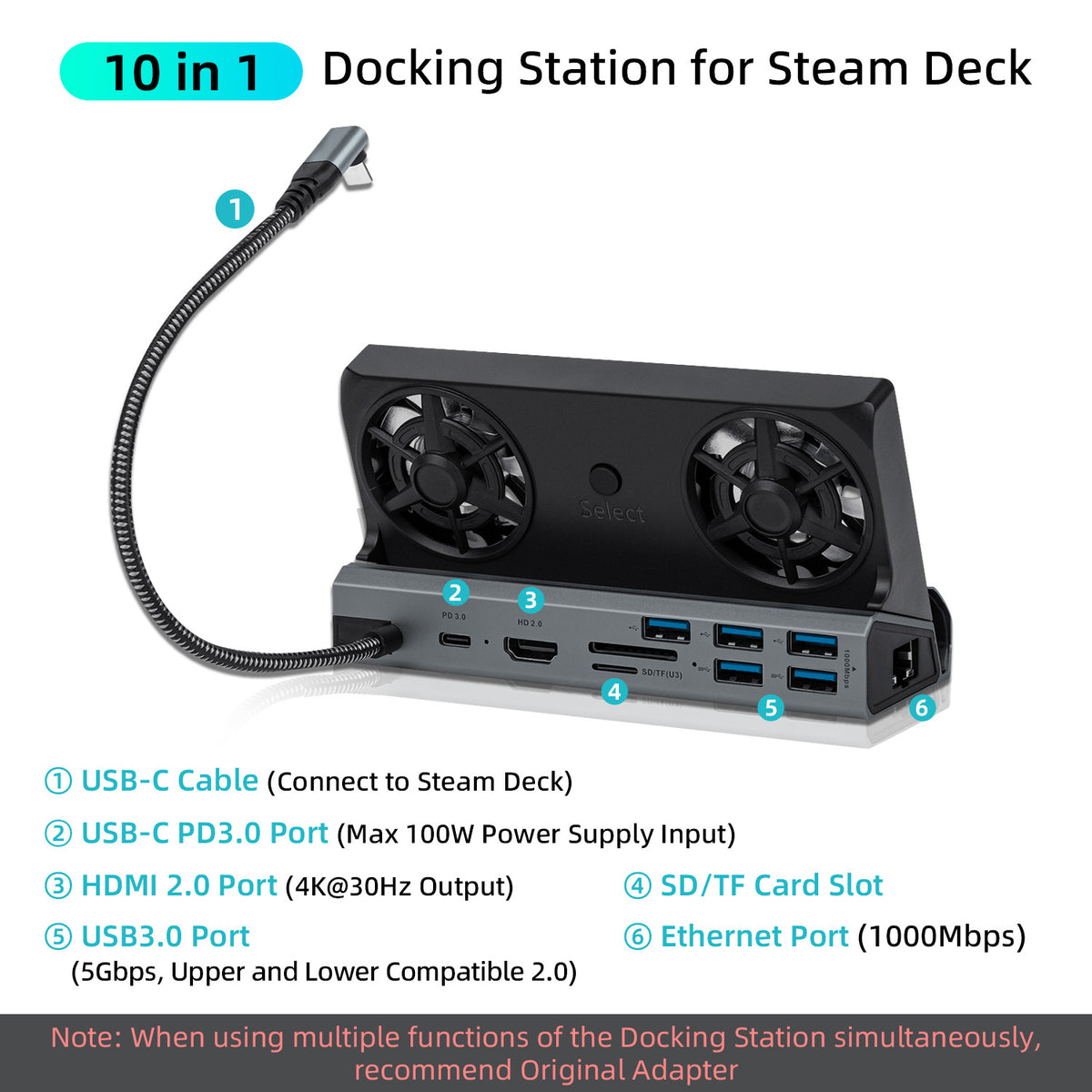 10 in 1 Docking Station with Dual Cooling Fan for Steam Deck-Gray(V262 ...