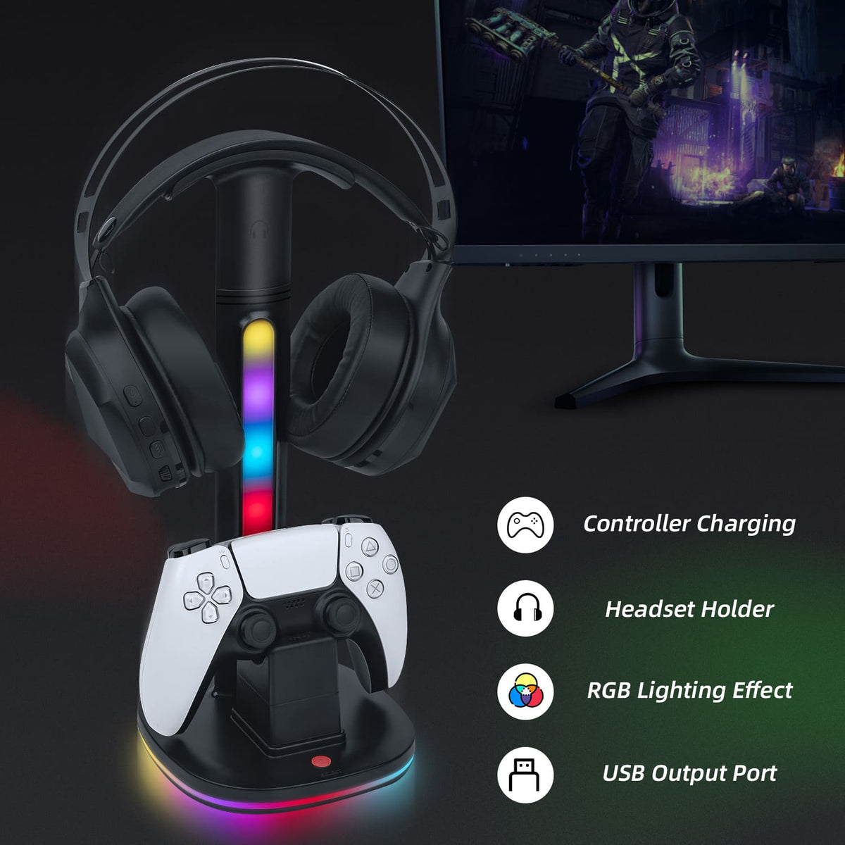 RGB Headset and Controller Stand with Charging for PS5/PS5 Elite Contr ...